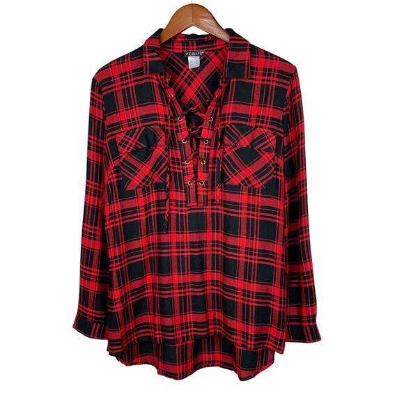 VENUS | Tops | Venus Tunic Top Blouse Red Black Buffalo Plaid Crossed ...